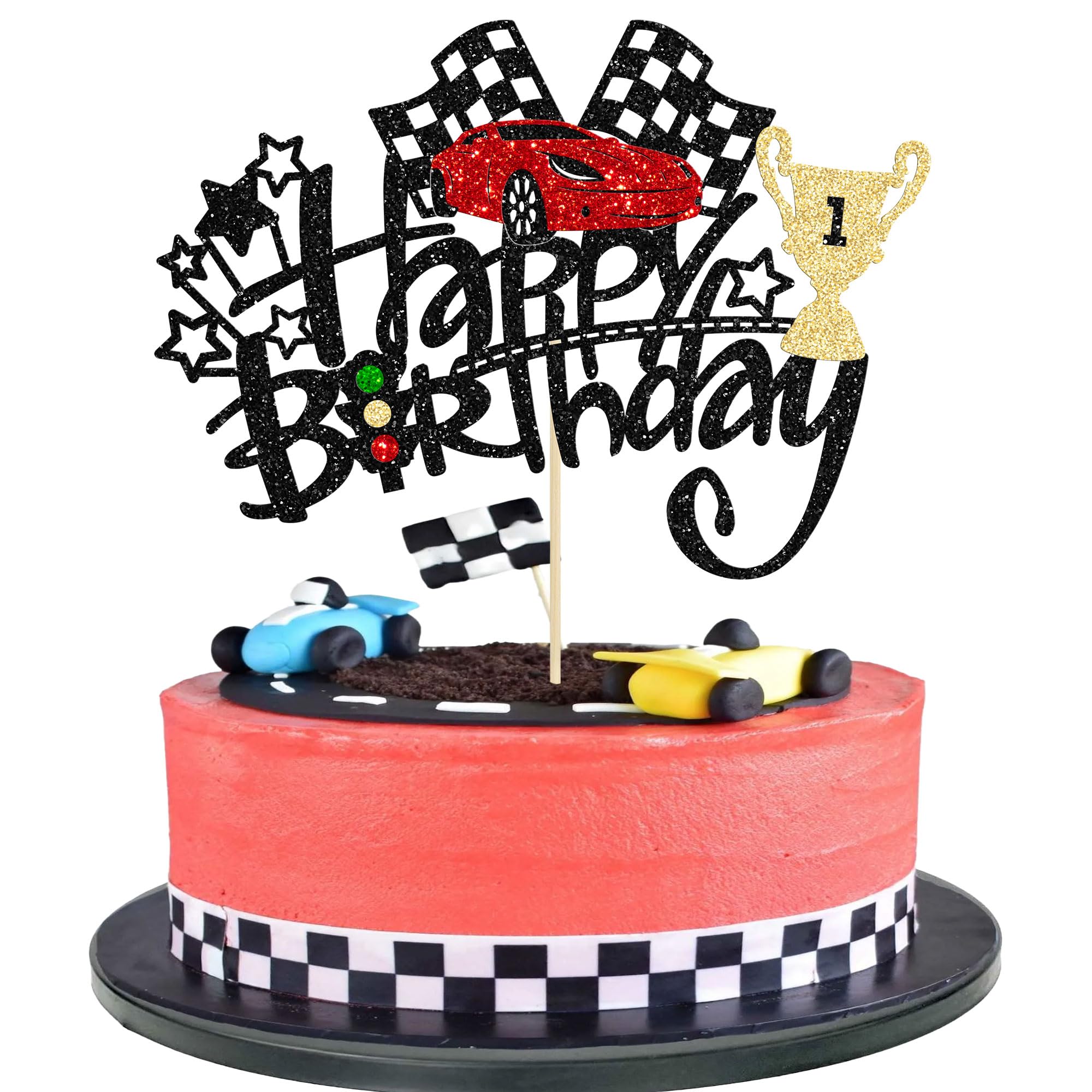 1Pc Race Car Happy Birthday Cake Topper Glitter Traffic Light Trophy Flag Helmet Racing Car Cake Picks for Let's Go Racing Theme Baby Shower Boys Birthday Party Decorations Supplies