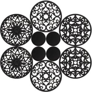 studio cornelia's 6 decorative heat resistant silicone trivet mats for hot pots, pans and dishes + 4 coasters - trivets protect a kitchen table, quartz counter or large countertops from heat