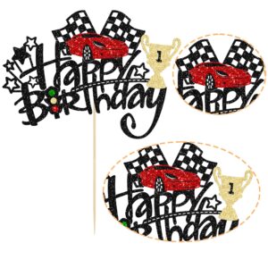 1Pc Race Car Happy Birthday Cake Topper Glitter Traffic Light Trophy Flag Helmet Racing Car Cake Picks for Let's Go Racing Theme Baby Shower Boys Birthday Party Decorations Supplies