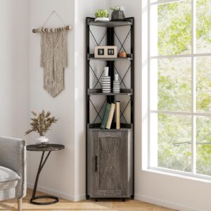 tangkula tall corner storage cabinet, 71” industrial 6 tier storage shelf w/door cabinet, corner bookshelf plant stand, x-shaped metal frame standing cabinet for living room, small spaces (grey)