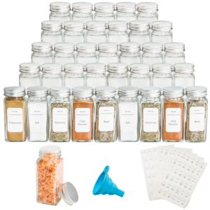 umeied 36pcs glass spice jars with 216pcs spice labels, 4oz empty square glass jars glass spice containers with shaker lids & metal caps, square seasoning jars bottles for spice rack, cabinet, drawer