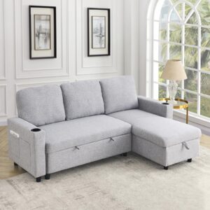 jeeohey 78.5" l shape couch sofa,linen convertible modular sectional 3 seater couch w/reversible storage chaise&cup holder,sleeper pull out sofa bed for living room,apartment,small place(light grey)