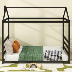 Queen Size House Bed, Metal Montessori Floor Beds for Kids, Steel Cabin/Tent/Canopy Bed Frame for Girls Boys Teens Adults, Black