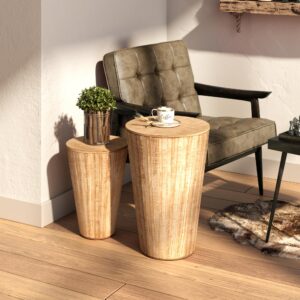 Aoikax Farmhouse Nesting Barrel Side Table, Rustic Space Saving Storage End Table Set Fully Assembled, Natural Distressed Finish