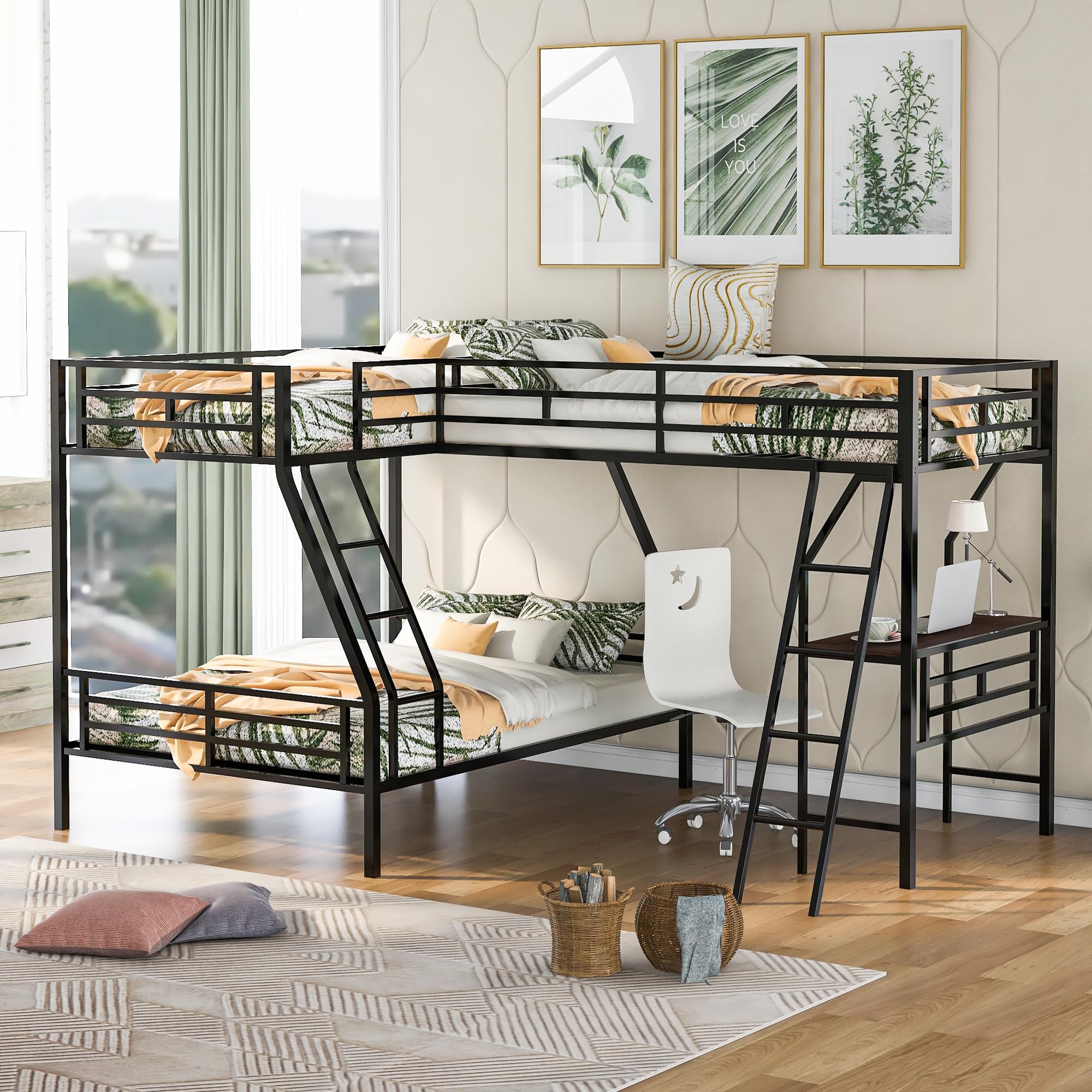 SOFTSEA Triple Bunk Bed with Desk, Heavy Duty Metal Bunk Bed Frame with Guardrails and Ladder, L Shaped Triple Bunk Bed for 3, No Box Spring Needed, Noise-Free, Twin Over Twin Over Full, Black