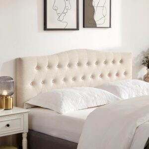 huatean home tufted upholstered headboard queen size, sturdy and durable solid wood bed headboard, fabric headboard adjustable height from 37” to 51”, modern button diamond design head board, beige