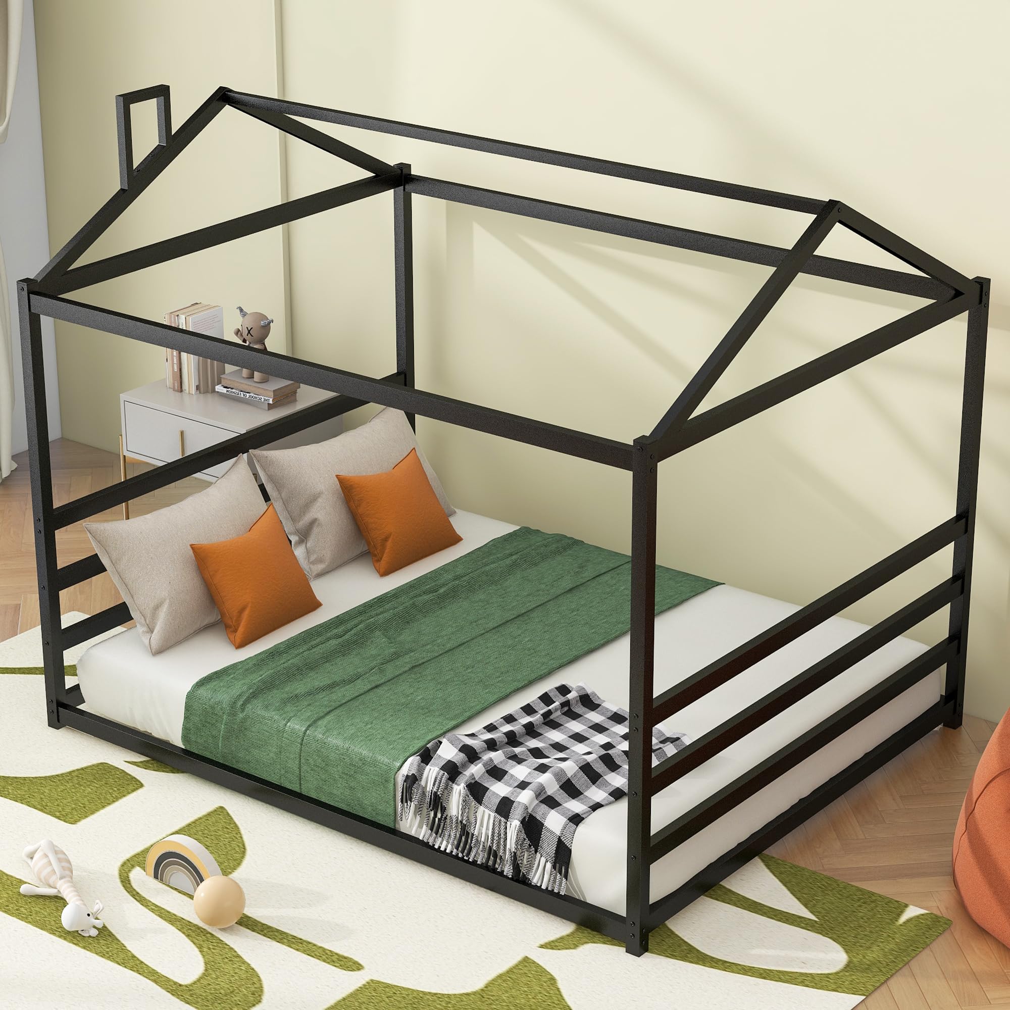 Queen Size House Bed, Metal Montessori Floor Beds for Kids, Steel Cabin/Tent/Canopy Bed Frame for Girls Boys Teens Adults, Black