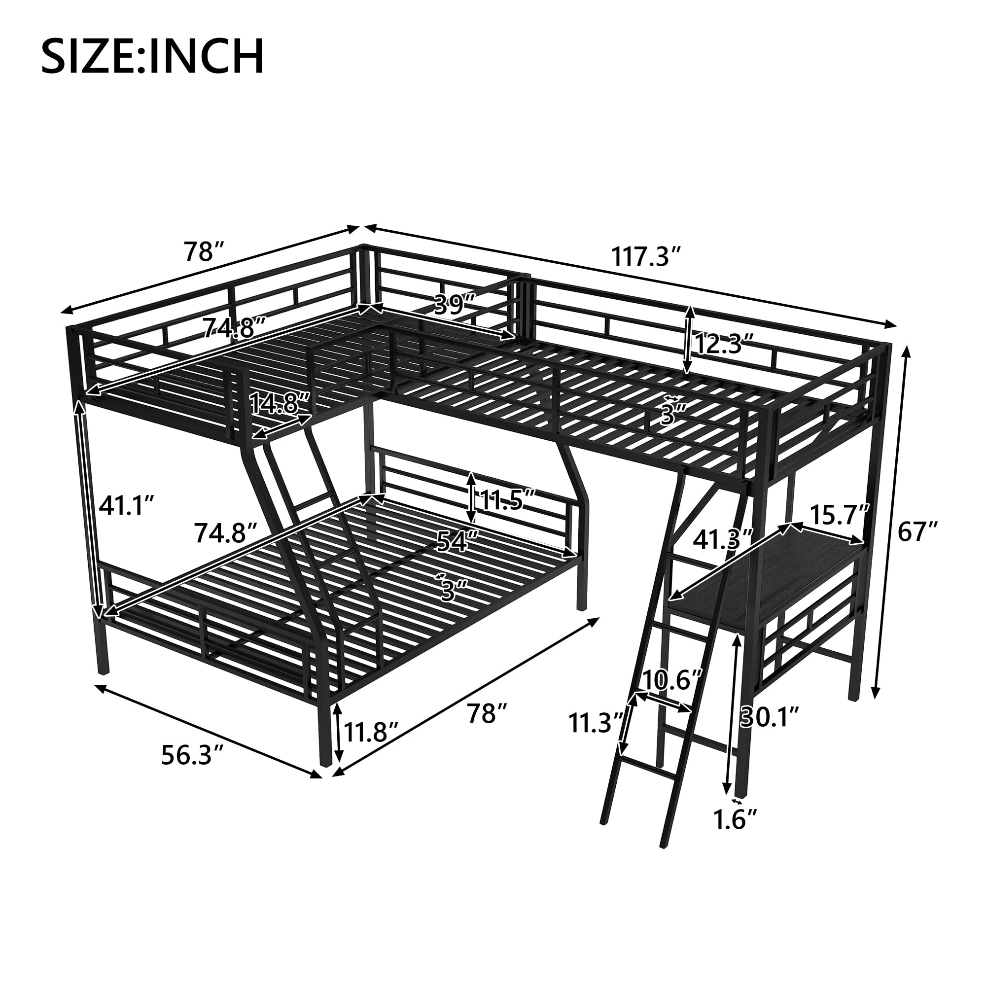 SOFTSEA Triple Bunk Bed with Desk, Heavy Duty Metal Bunk Bed Frame with Guardrails and Ladder, L Shaped Triple Bunk Bed for 3, No Box Spring Needed, Noise-Free, Twin Over Twin Over Full, Black