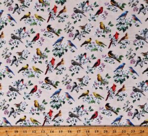 elizabeth studios cotton birds flowers plants blossoms tweethearts blue bird floral nature cream cotton fabric print by the yard (40001-cream), 44 inches