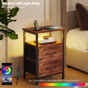 TRIFEBLE Nightstands Set of 2, Night Stand with Charging Station and Led Lights, Bedside Table with 2 Fabric Drawers for Bedroom, Small Side End Table with Open Shelf, Rustic Brown