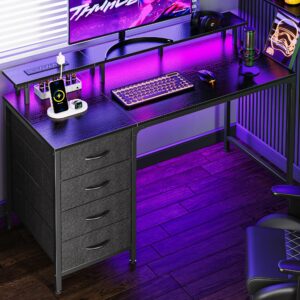 huuger 47 inch computer desk with power outlets and led lights, gaming desk with 4 drawers, office desk with monitor stand, study desk work desk for home office, small spaces, black