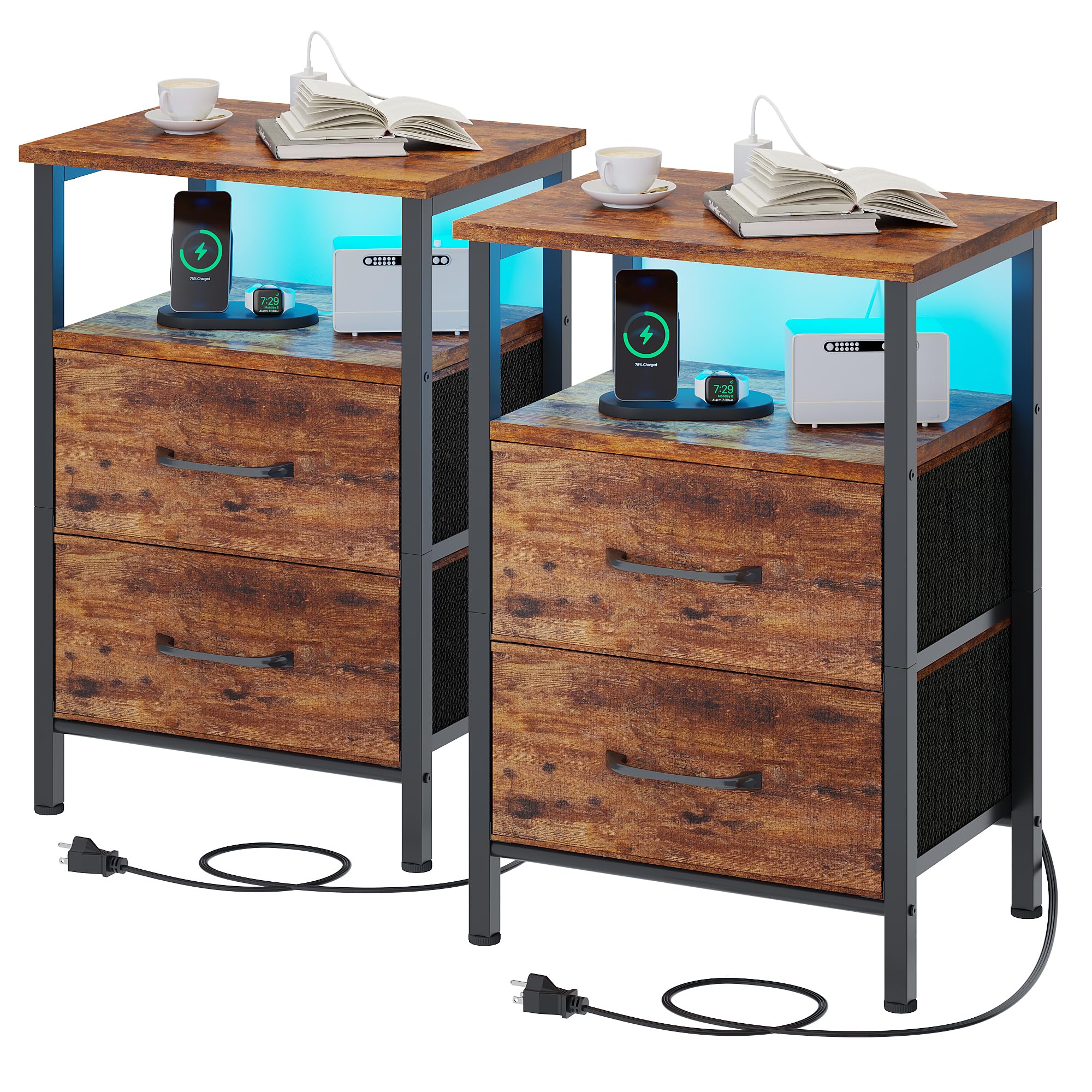 TRIFEBLE Nightstands Set of 2, Night Stand with Charging Station and Led Lights, Bedside Table with 2 Fabric Drawers for Bedroom, Small Side End Table with Open Shelf, Rustic Brown