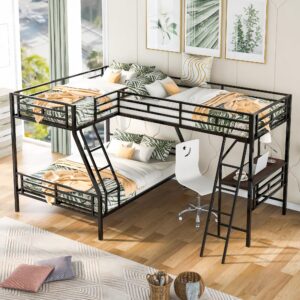 softsea triple bunk bed with desk, heavy duty metal bunk bed frame with guardrails and ladder, l shaped triple bunk bed for 3, no box spring needed, noise-free, twin over twin over full, black