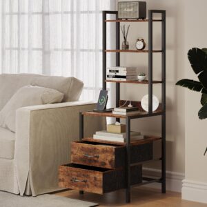 TRIFEBLE Tall Nightstand with Charging Station and Fabric Drawers, 49.6" Tall Bedside Table with 5-Tier Storage Shelves, Night Stand with Bookshelf, End Side Table for Bedroom, Rustic Brown