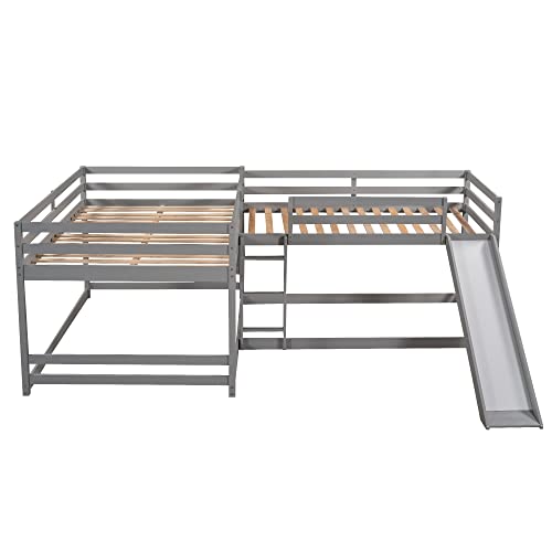 RORIGAT L Shaped Bunk Bed for 4, Wooden Quad Bunk Bed with Slide, Full Over Full Bunk Bed with Twin Over Twin Bunk Bed Attached for Kids Teens Bedroom-Gray