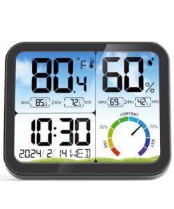 vocoo digital indoor room thermometer - 5.8'' extra large display temperature humidity sensor with accurate temp humidity gauge monitor, calibration, max & min records, comfort, backlit, date & clock