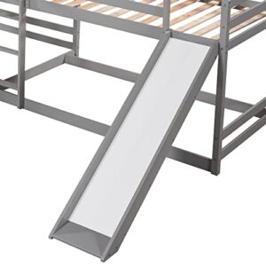 RORIGAT L Shaped Bunk Bed for 4, Wooden Quad Bunk Bed with Slide, Full Over Full Bunk Bed with Twin Over Twin Bunk Bed Attached for Kids Teens Bedroom-Gray