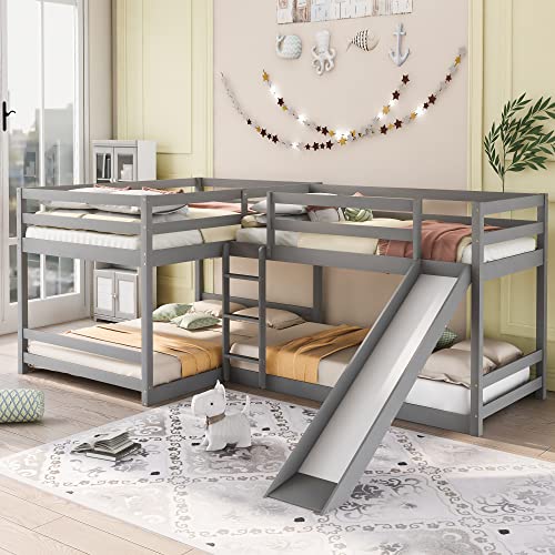 RORIGAT L Shaped Bunk Bed for 4, Wooden Quad Bunk Bed with Slide, Full Over Full Bunk Bed with Twin Over Twin Bunk Bed Attached for Kids Teens Bedroom-Gray