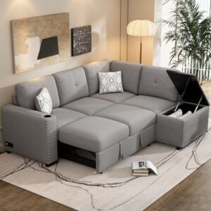 eovtk reversible sectional pull-out sofa bed, l-shaped corner couch with storage chaise, usb ports, power sockets, cup holder for living room, light gray