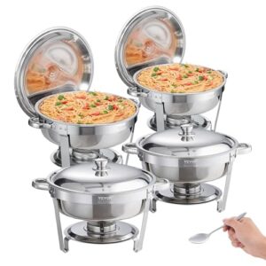 vevor chafing dish buffet set, 6 qt 4 pack, stainless steel chafer with full size pan, round catering warmer server with lid water pan stand fuel holder cover holder spoon, for at least 6 people each