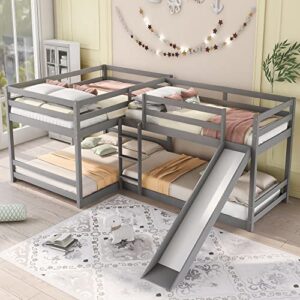 RORIGAT L Shaped Bunk Bed for 4, Wooden Quad Bunk Bed with Slide, Full Over Full Bunk Bed with Twin Over Twin Bunk Bed Attached for Kids Teens Bedroom-Gray