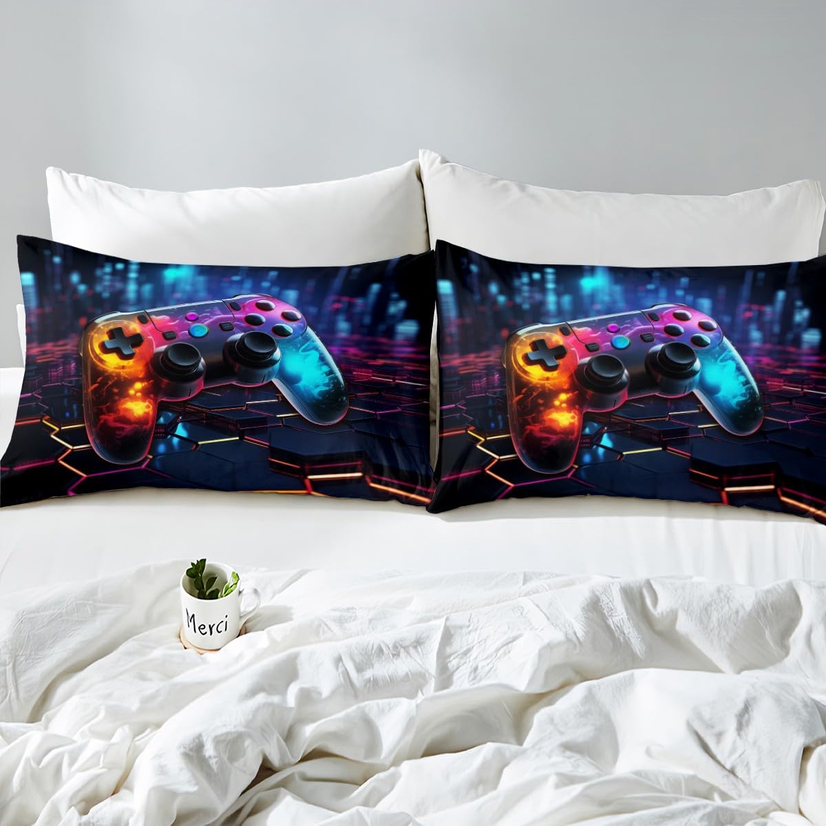 Manfei Video Games Duvet Cover Set Queen Size, Geometric Honeycomb Bedding Set 3pcs for Kids Boys Teens Room Decor, Modern Gamer Gaming Comforter Cover Children Gamepad Quilt Cover with 2 Pillowcases