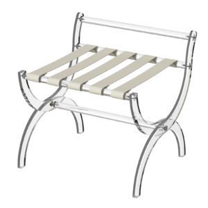 byingo acrylic luggage rack with high back support bar, foldable suitcase stand with leather straps for guest room, bedroom, hotel, holds up to 50-100 lb, modern, portable, easy to use, heavy-duty