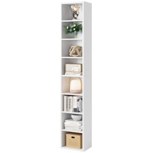 bamjoy 71 inches tall narrow bookshelf, 8-tier cd dvd slim media tower rack, corner bookcase with adjustable shelves, skinny cubes bookshelves for home office small space, white