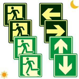 ashoaza emergency exit sign glow in the dark exit decals, 8 pcs, (cm 15x15), running man sign with directional arrow of exit light stickers