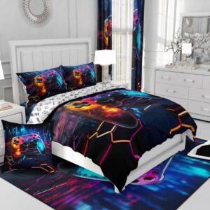 Manfei Video Games Duvet Cover Set Queen Size, Geometric Honeycomb Bedding Set 3pcs for Kids Boys Teens Room Decor, Modern Gamer Gaming Comforter Cover Children Gamepad Quilt Cover with 2 Pillowcases