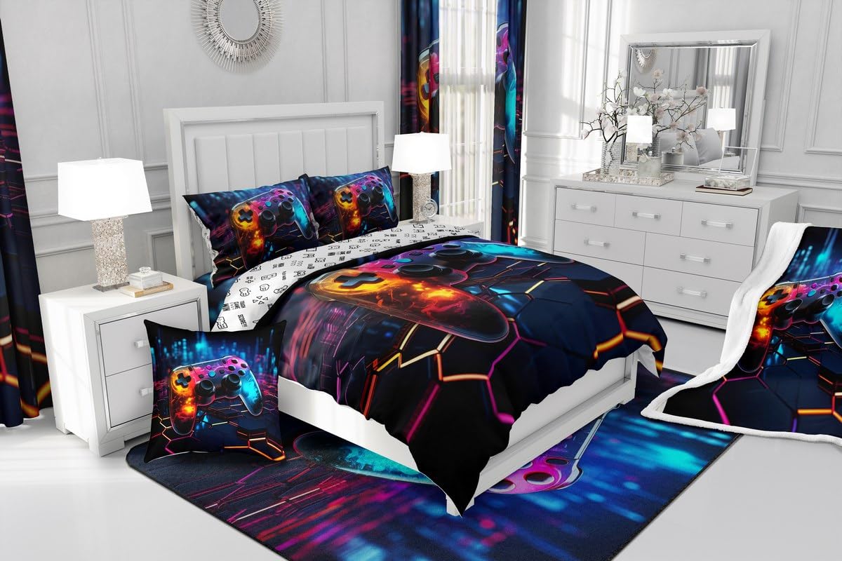 Manfei Video Games Duvet Cover Set Queen Size, Geometric Honeycomb Bedding Set 3pcs for Kids Boys Teens Room Decor, Modern Gamer Gaming Comforter Cover Children Gamepad Quilt Cover with 2 Pillowcases