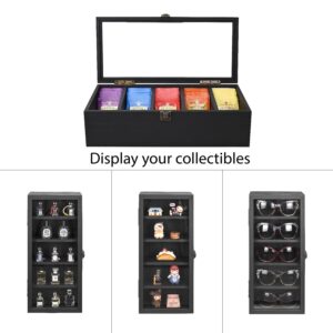 Ikee Design Wall Mounted Wooden Collectible Display Case 5 Shelf Display Storage Accessories Display with Tempered Glass Door, Black Color