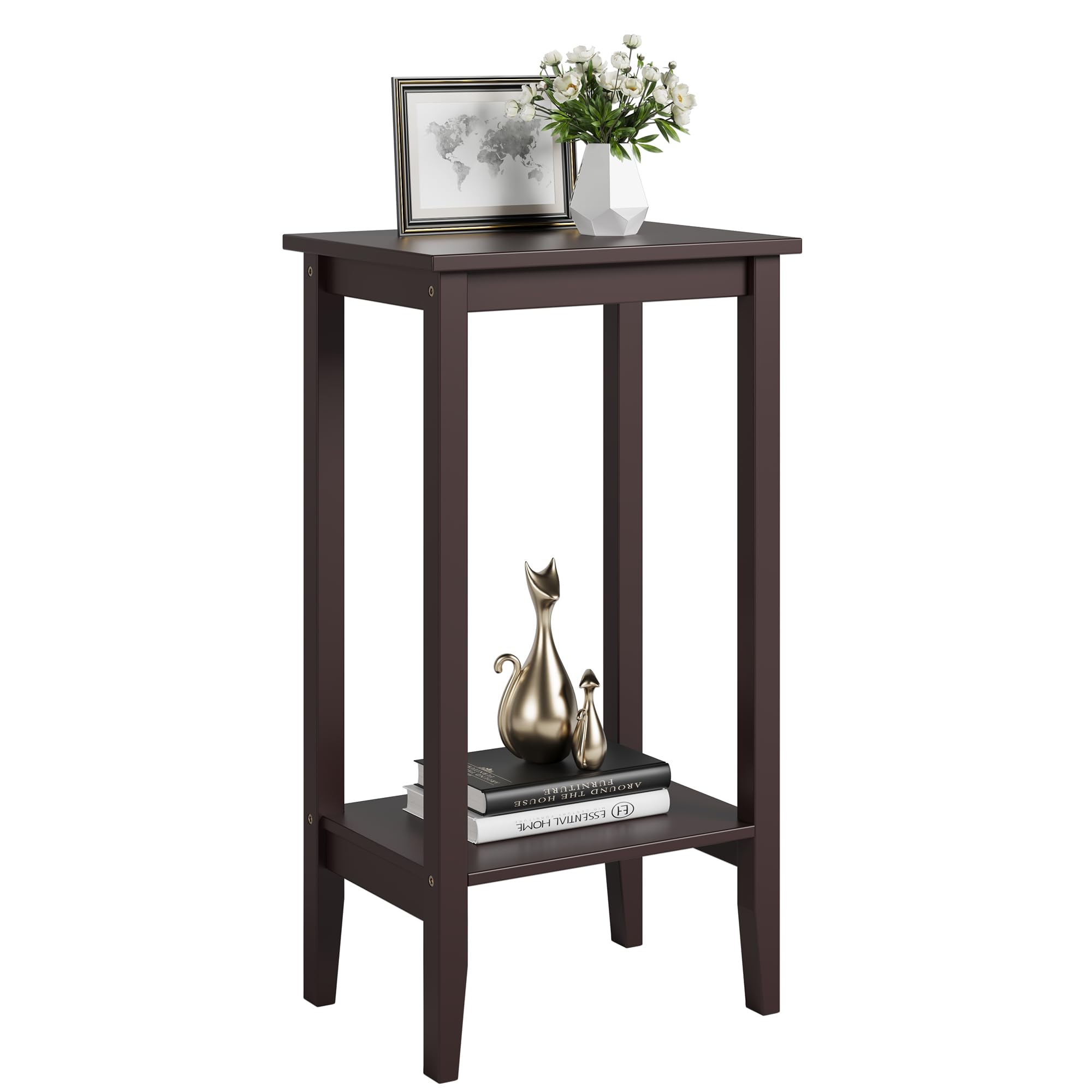 FOTOSOK Tall End Table with 2-Tier Storage Shelf, Small Sofa Side Table Nightstand for Living Room Hallway Small Spaces, Dark Brown