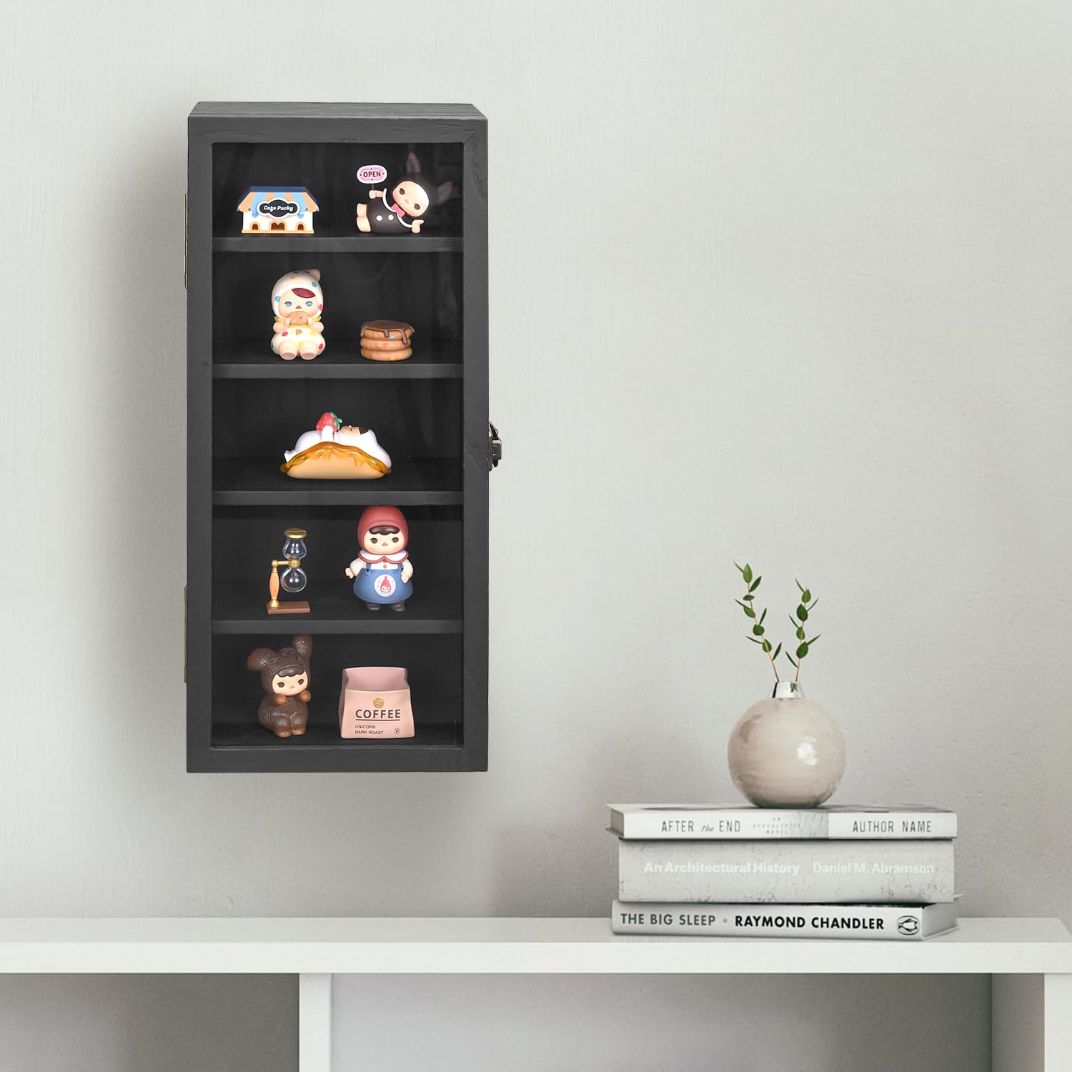 Ikee Design Wall Mounted Wooden Collectible Display Case 5 Shelf Display Storage Accessories Display with Tempered Glass Door, Black Color