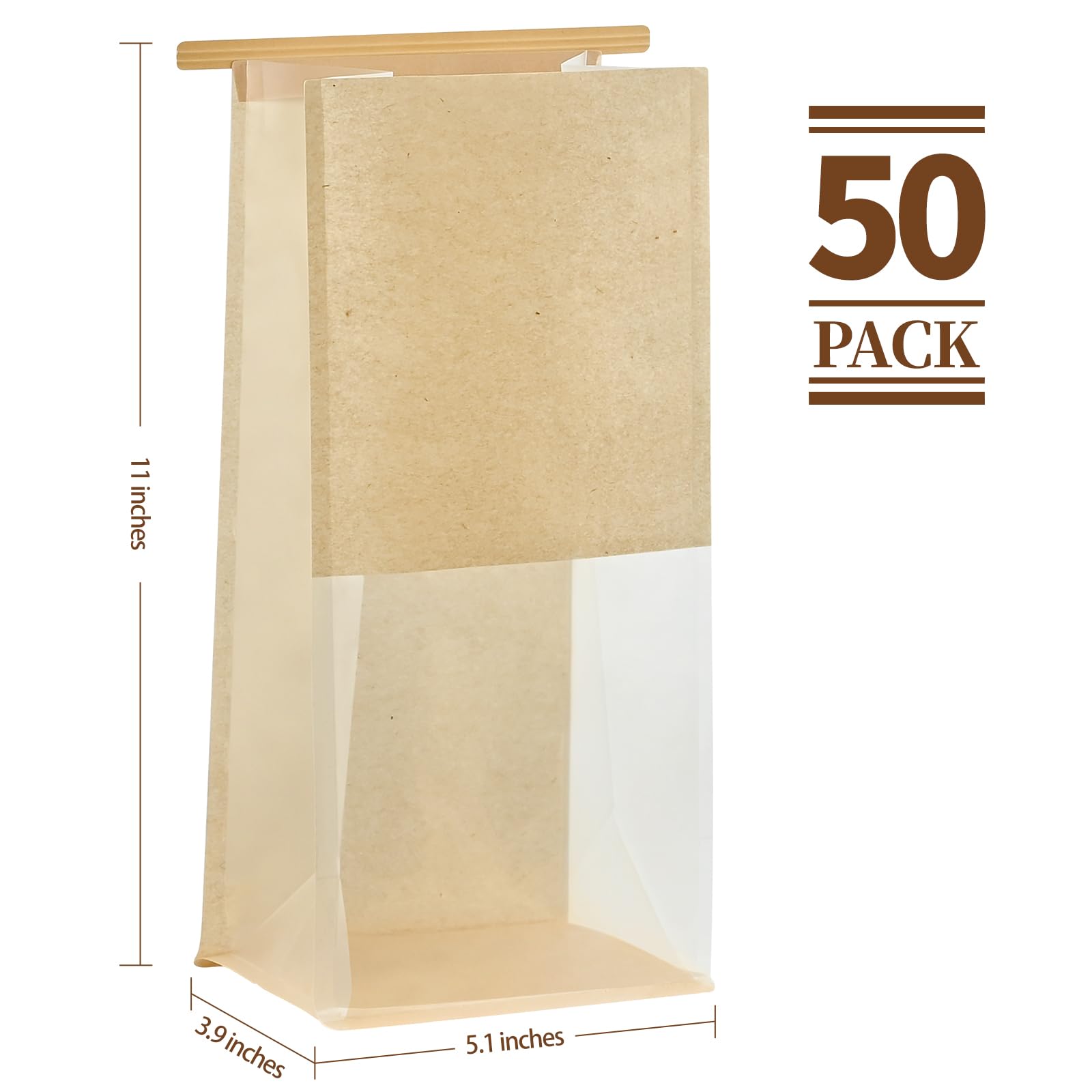 Ohuimrt 50 PCS Bread Bags for Homemade Breads, 5.1 x 3.9 x 11 Inches Brown Kraft Paper Bakery Bags with Tin Tie Tab Lock Sourdough Bread Bags with Window Baked Foods Packaging Storage