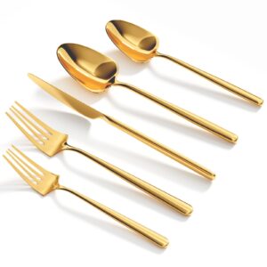 oval gold 20-piece silverware set, forged stainless steel flatware set with american design, mirror polished modern cutlery set, service for 4, dishwasher safe