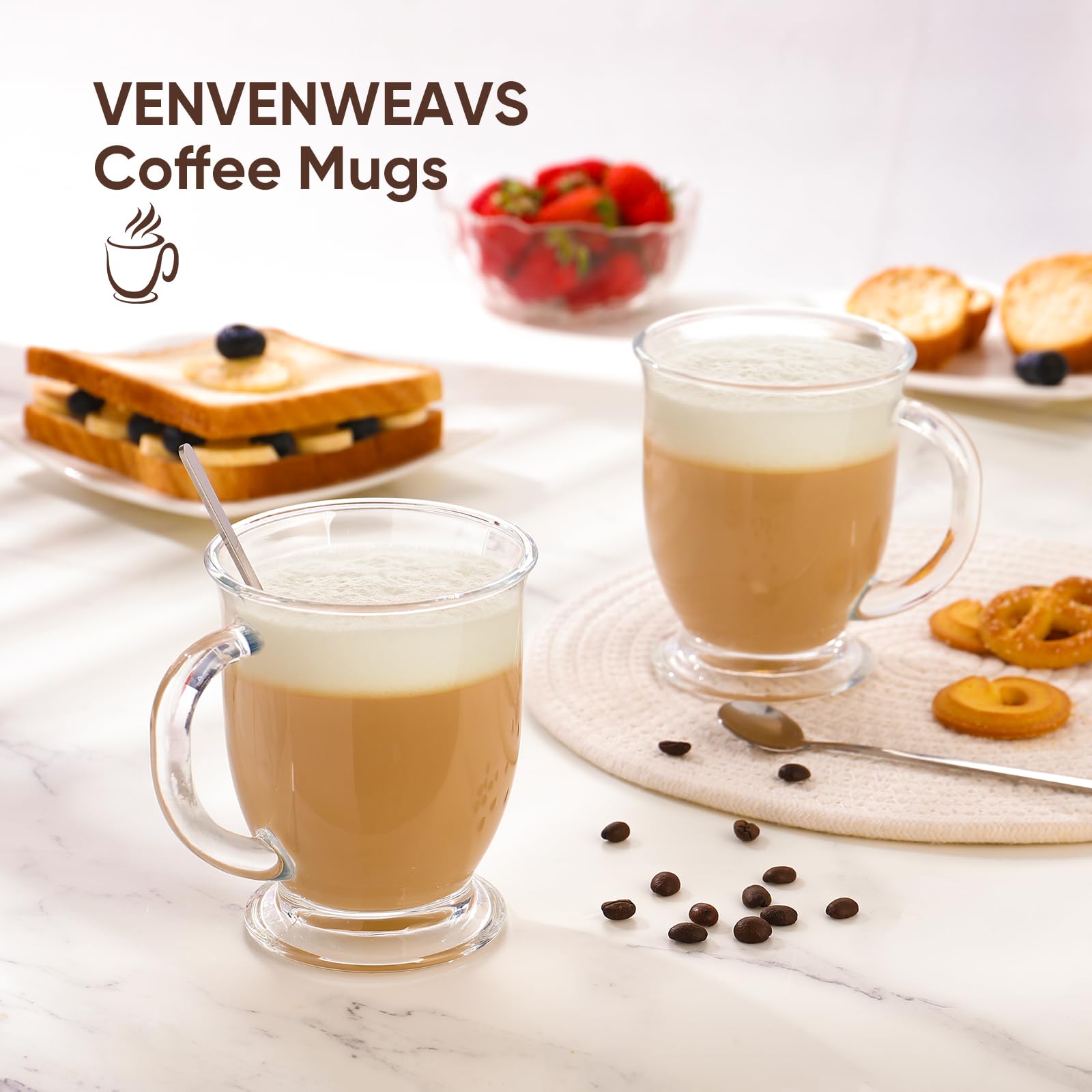 VENVENWEAVS Glass Coffee Mugs Set of 2,15 OZ Lead-free Clear Coffee Mugs For Cappuccino,Latte,Tea,Glass Coffee Cups with handles,Coffee Mugs Gift Set