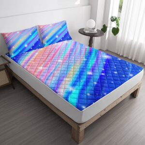 blue rainbow glitter twin size fitted mattress pad,waterproof fitted sheet set，bedding quilted noiseless mattress protector stretches up to 15 inches deep,breathable bed mattress cover 39x75 inches