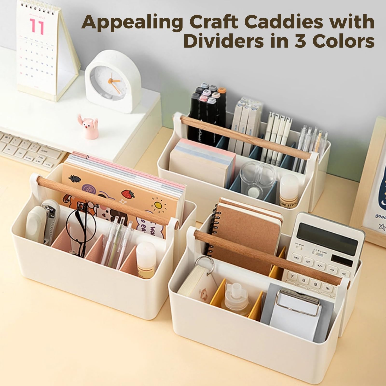 Lnrueg 3 PCS Craft Caddies with Handle,9.8'' x 7.1'' x 5.9'' Caddy Organizer With Handle, Divided Baskets for Pencil Caddy、marker caddy、art bin, Diaper Organizer Caddy with Detachable Dividers