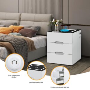 LED Nightstand with 3 Drawers, 3-Color Dimmable LED Light Bedside Table with Wireless Charging Station & 2 USB Port via Touch Screen End Table Bedroom Furniture (White)