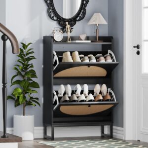 kfo shoe cabinet with 2 handmade natural rattan flip drawers, entryway shoe rack storage organizer for sneakers, slippers, free standing shoe racks, black……