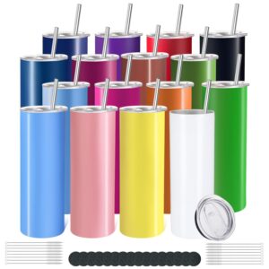 youke ola 16 pack skinny tumblers 20oz bulk straight stainless steel double wall vacuum insulated tumbler with lid and straw & silicone base for travel, diy, 16 colors