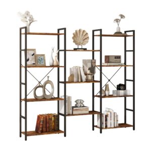 panana triple 4 tier bookshelf, industrial bookcase with 11 open display shelves wide book shelf book case with metal frame for living room home office (brown)