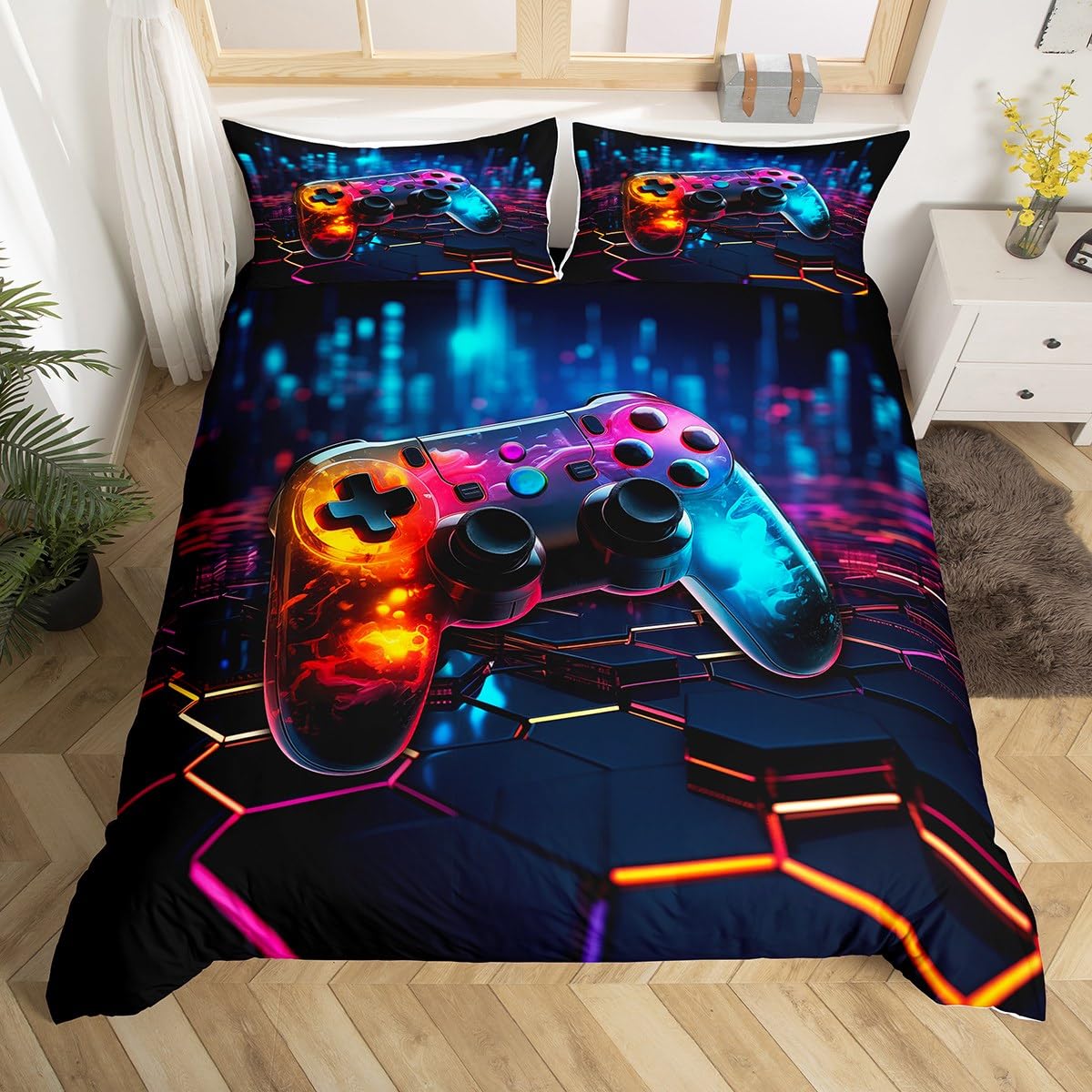 Manfei Video Games Duvet Cover Set Queen Size, Geometric Honeycomb Bedding Set 3pcs for Kids Boys Teens Room Decor, Modern Gamer Gaming Comforter Cover Children Gamepad Quilt Cover with 2 Pillowcases