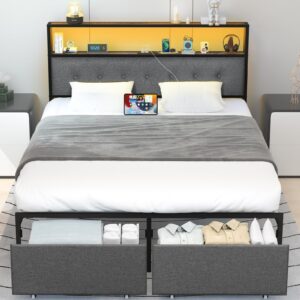 yoobure queen size bed frame, metal platform bed frame queen size with headboard, noise free bed frames with storage drawers, bedframe with charging station led light, heavy duty, no box spring needed