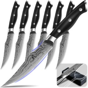 coquusaid steak knives set of 6, 4.8 inch non serrated razor-sharp durable dinner knives with rest, german stainless steel damascus pattern full tang forged, rust resistant & easy to maintain