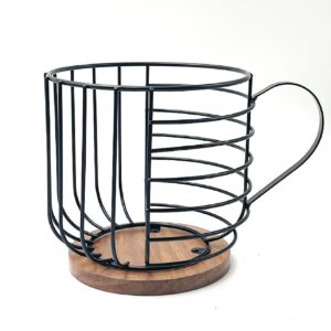 camatet coffee pod holders, black wire storage basket with wooden base for storing k cups, espresso capsules, coffee creamer, keurig kcup pods organizer, coffee bar accessories (with handles)