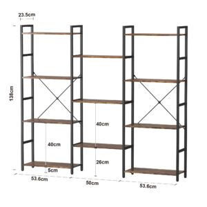 Panana Triple 4 Tier Bookshelf, Industrial Bookcase with 11 Open Display Shelves Wide Book Shelf Book Case with Metal Frame for Living Room Home Office (Brown)