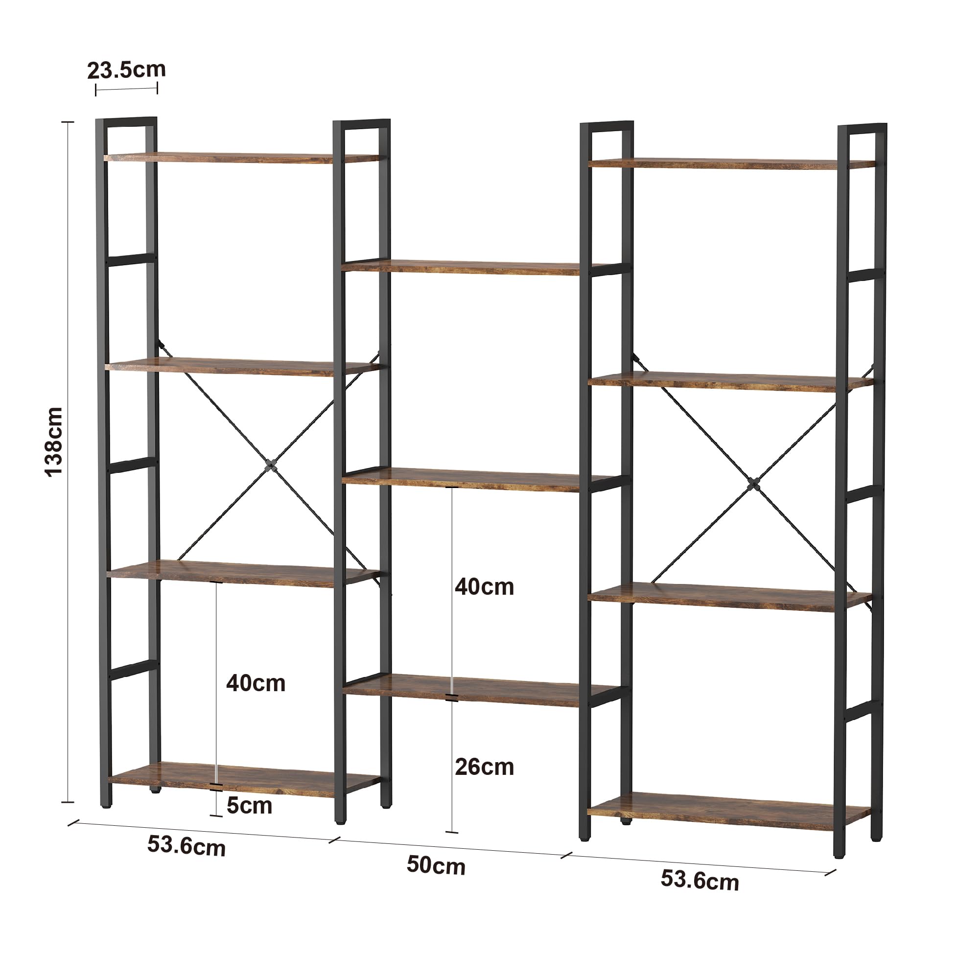 Panana Triple 4 Tier Bookshelf, Industrial Bookcase with 11 Open Display Shelves Wide Book Shelf Book Case with Metal Frame for Living Room Home Office (Brown)