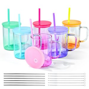 agh 6 pack sublimation glass blanks with colorful lid and straw, 16oz gradient colorful glass sublimation beer can with handle, sublimation glass cups, sublimation glass tumblers